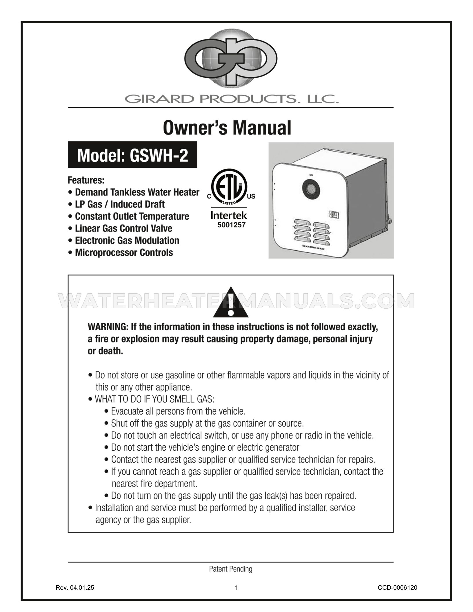 Girard GSWH-2 Water Heater Owner's Manual | Water Heater Manuals