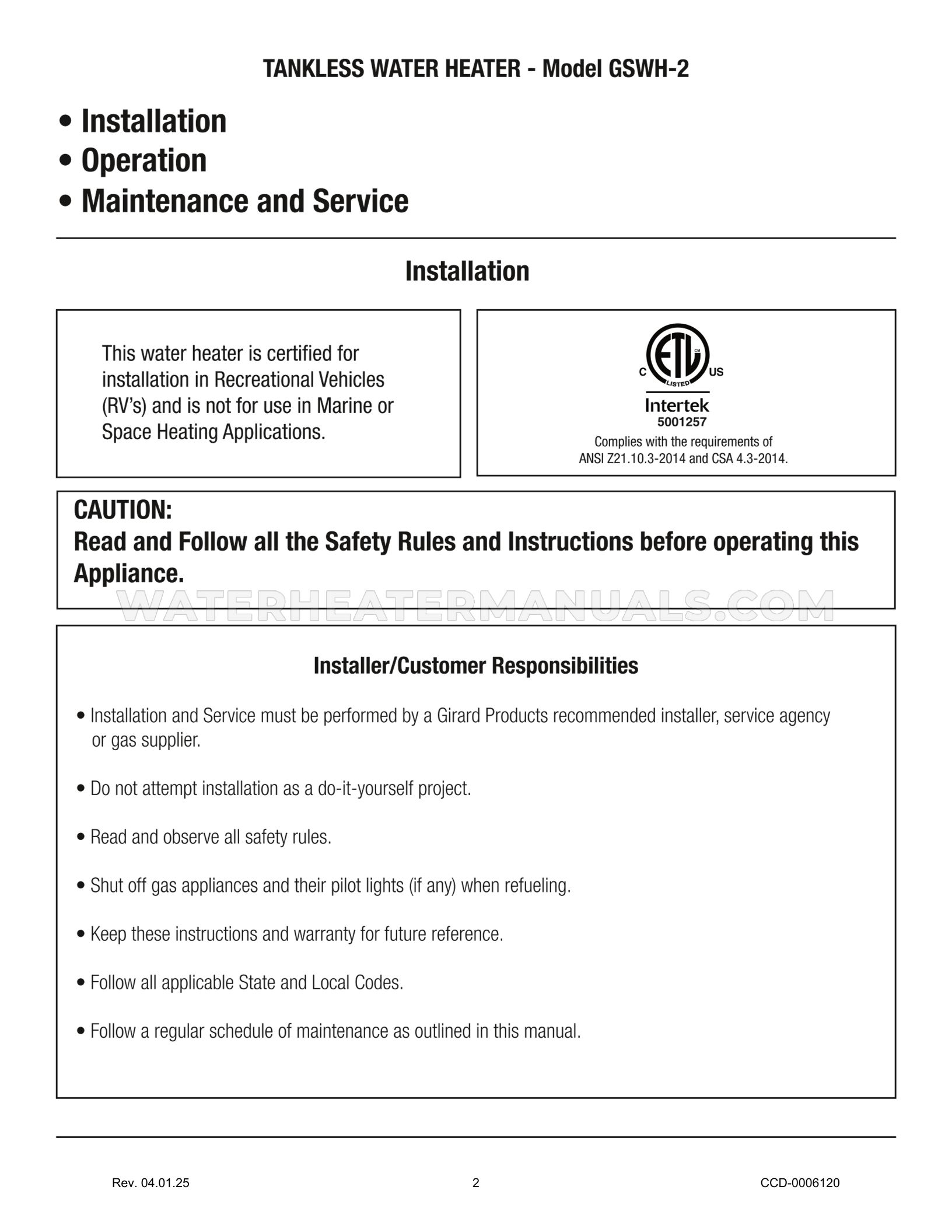 Girard GSWH-2 Water Heater Owner's Manual | Water Heater Manuals
